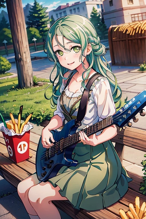 Hikawa Sayo Playing Guitar on bench — Yodayo