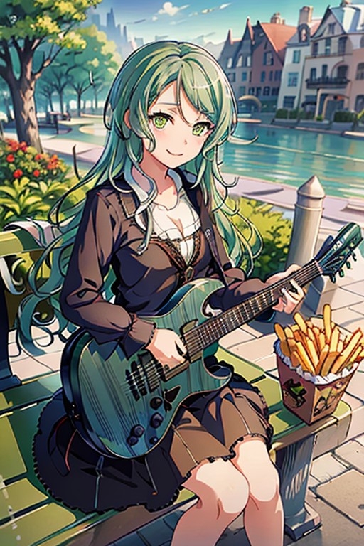 Hikawa Sayo Playing Guitar on bench — Yodayo
