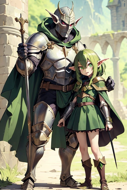 A concerned Knight and his young elf-girl companion (with and without ...