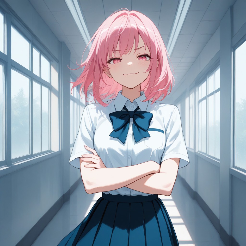 shortie with a smug smile >.